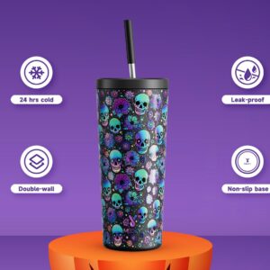 Meoky 24 oz Halloween Tumbler with Lid and Straw, Stainless Steel Vacuum Insulated Tumbler, Keeps Cold for 24 Hours, 100% Leak Proof, Fits in Car Cup Holder (Black Skull)