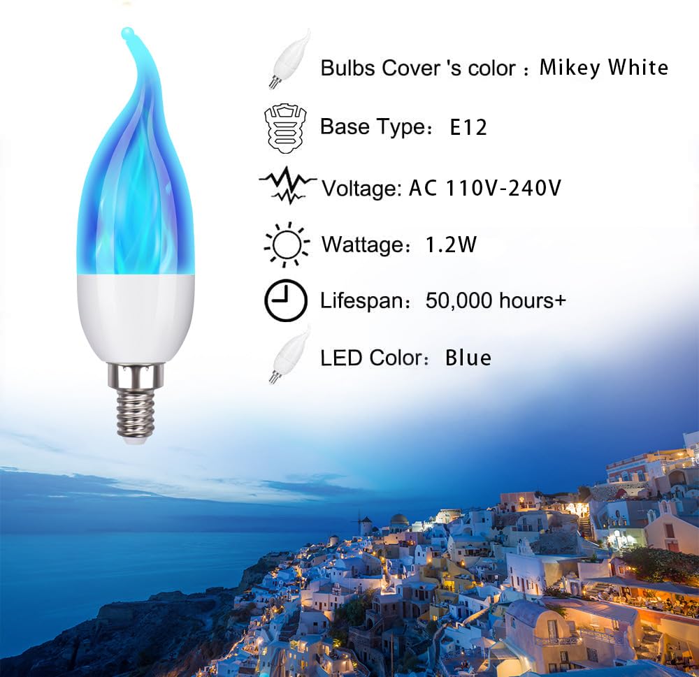 OHLGT E12 Flame Bulbs 2 Pack, 3 Mode LED Candelabra 2.0 Watt Warm White Chandelier Candle Light Bulbs, Flame Tip for Christmas Party Decorations-Blue