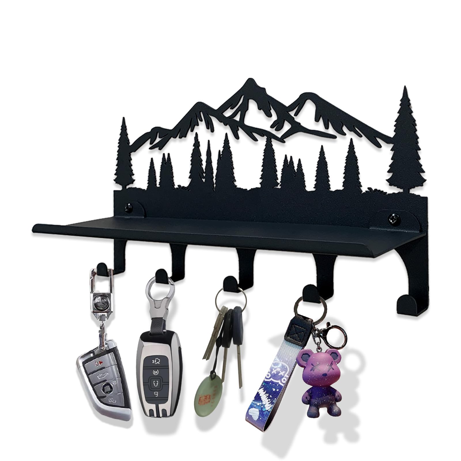 Key Holder for Wall | Metal Decorative Wall Mounted Mountain Key and Mail Holder with Shelf | 2 in 1 Key Hooks for Entryway, Front Door, Hallway, Kitchen, and Office | Key Organizer and Key Rack