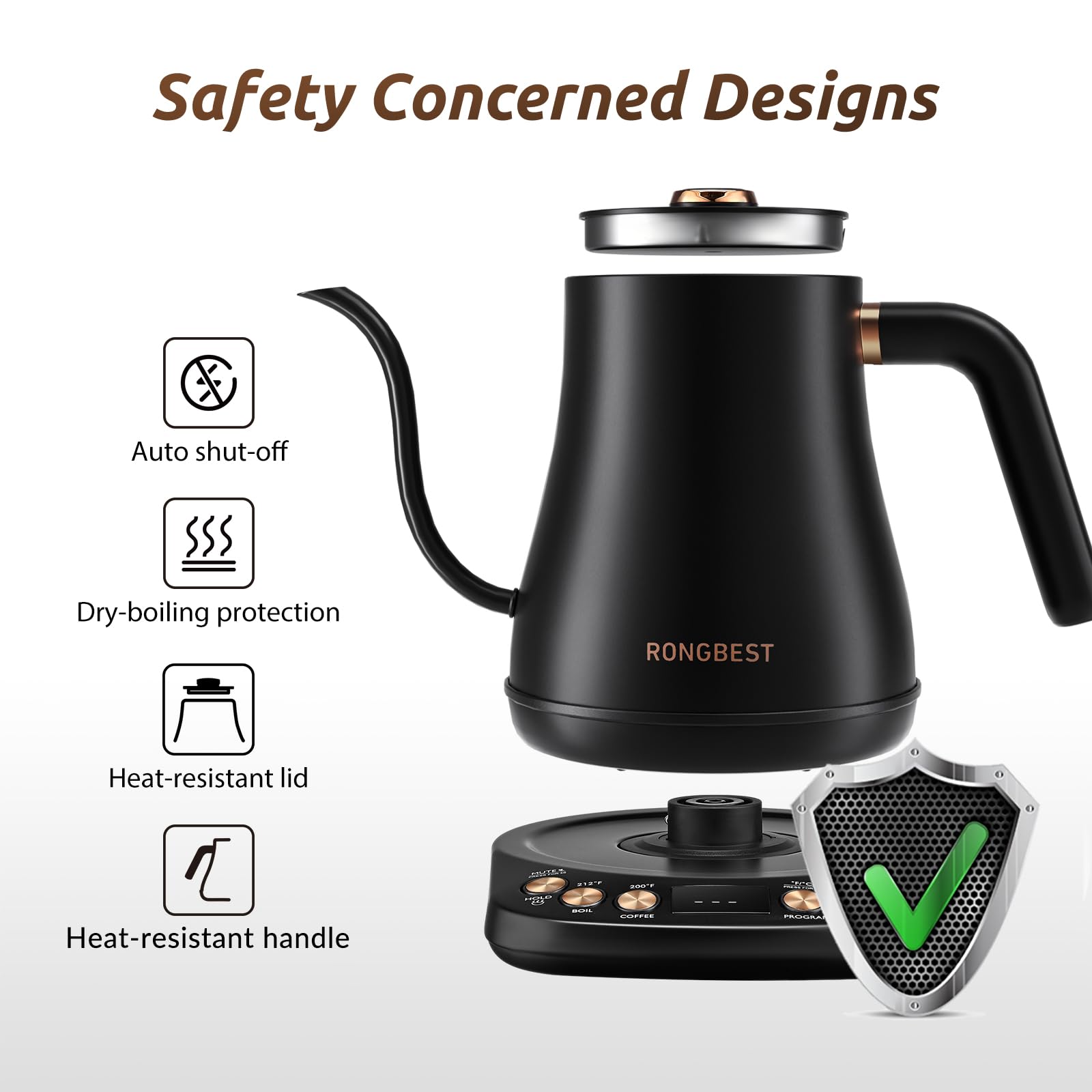 RONGBEST Electric Gooseneck Kettle, 6 Temperature Control Presets, Pour Over Kettle for Coffee & Tea, Quick Heating, Stainless Steel Inner Lid & Bottom, 1200W 1L, Matt Black