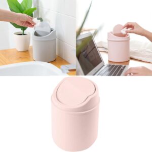 rvikurc mini desk trash can with lid, plastic desktop small trash can with swing lid, table waste paper basket wastebasket, stylish cute round trash can for office bathroom bedroom tabletop (pink)