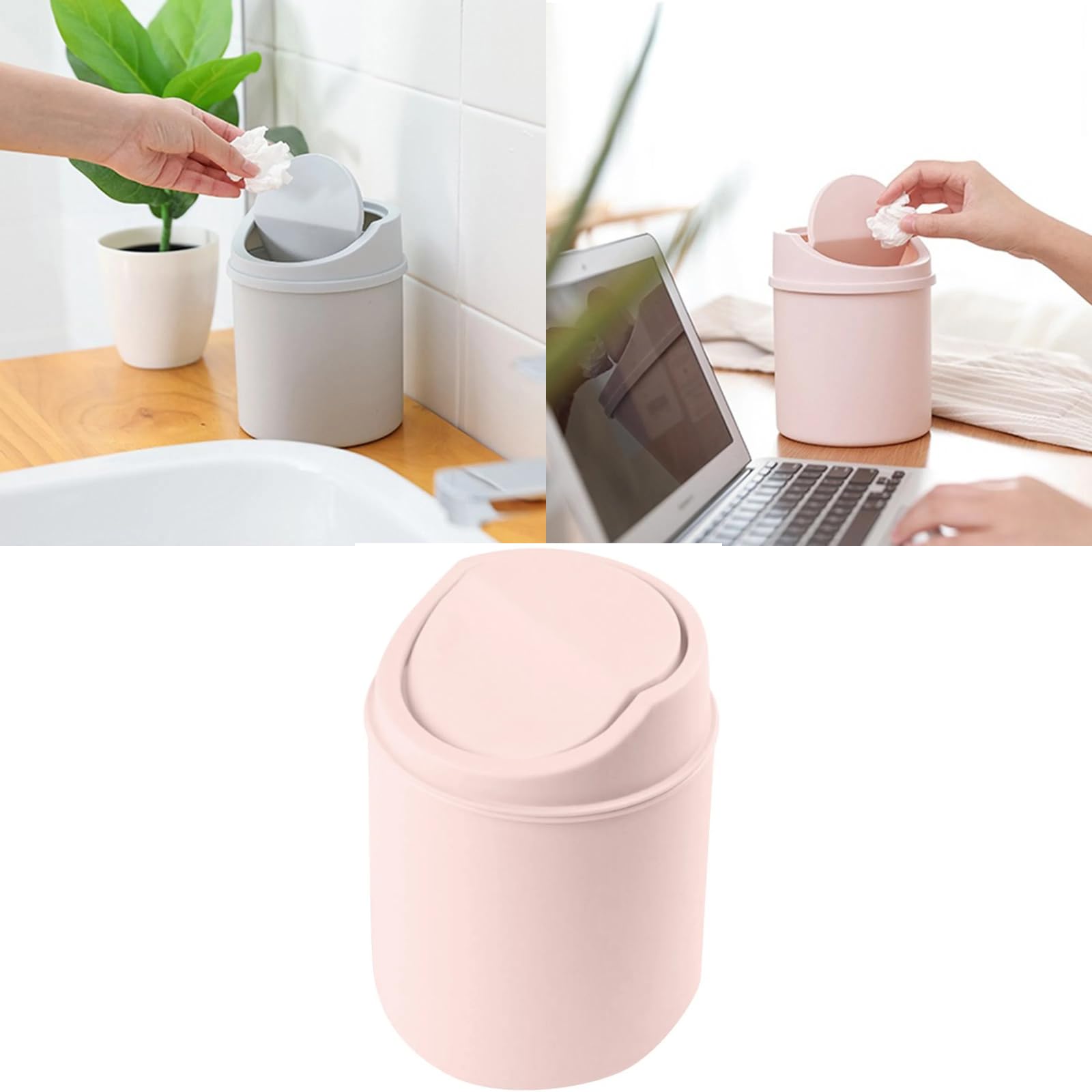 Rvikurc Mini Desk Trash Can with Lid, Plastic Desktop Small Trash Can with Swing Lid, Table Waste Paper Basket Wastebasket, Stylish Cute Round Trash Can for Office Bathroom Bedroom Tabletop (Pink)