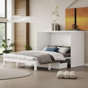 uocfyk queen murphy bed with large storage drawer & charging station,solid pine murphy bedframe w/wooden slat support, no spring box needed, white