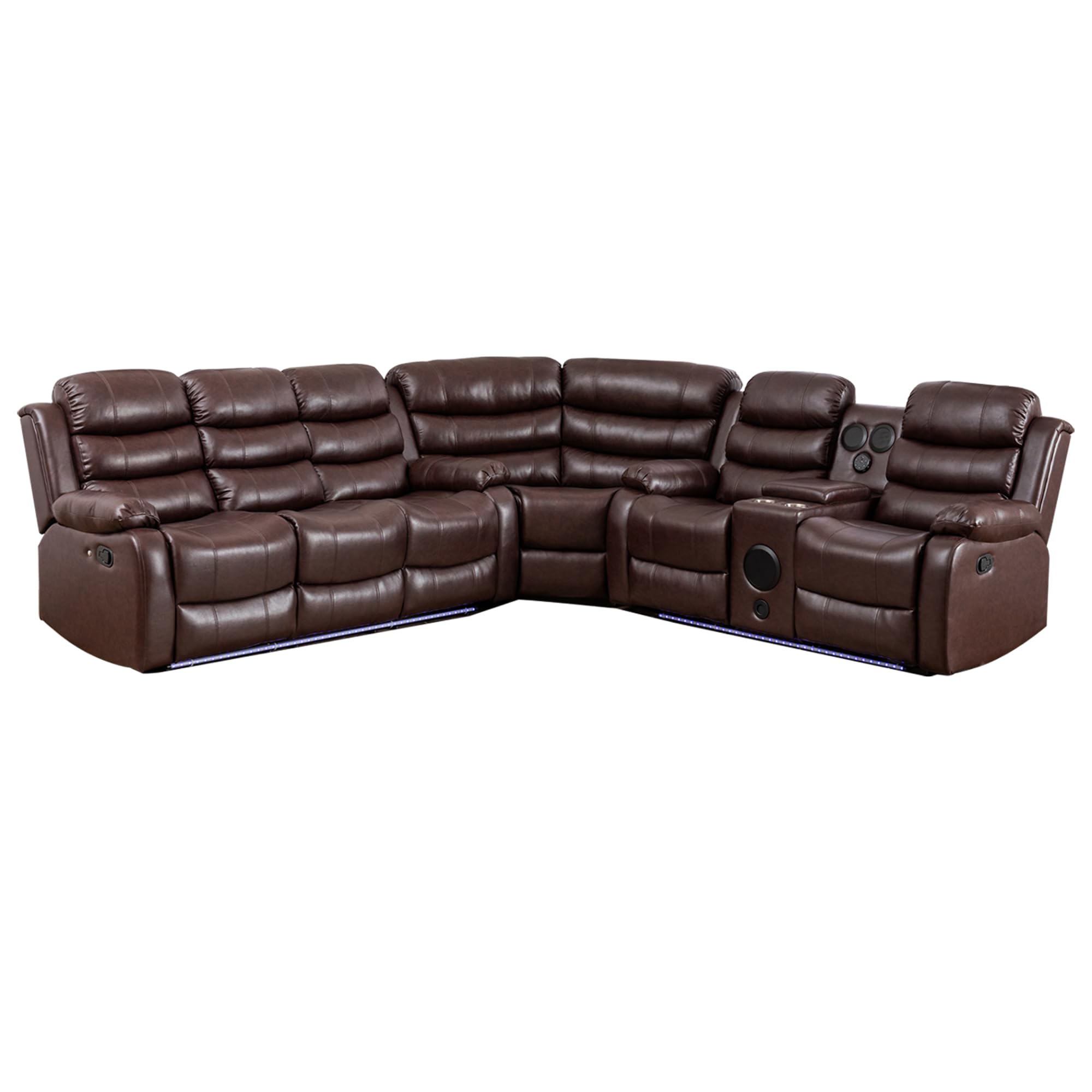 Hybition Faux Leather Living Room Set Modern Reclining Sectional Sofa with LED Light, USB Chargers, Sound System, 4Cup Holders, Hidden Storage, Brown