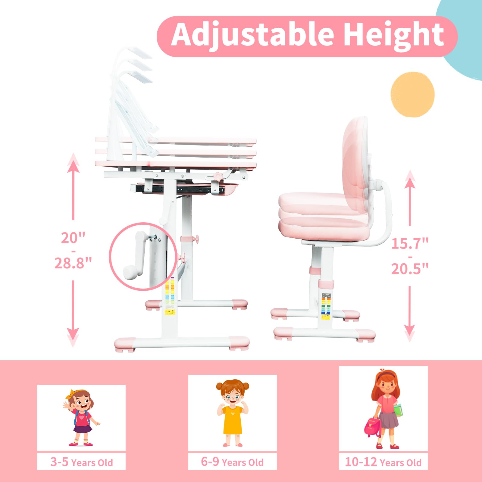 Kids Desk and Chair Set, Height-Adjustable Chair and Desk for Kids, Kid Desk with 3 Modes and 3 Brightness Led Lamps, Childrens Desk with 60° Tilting Tabletop and Extra-Large Storage Drawer (Pink)