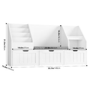 FOTOSOK 55.1’’ Kids Bookshelf with Reading Nook, Toy Storage Organizer with Seat Cushion and 3 Movable Drawers, Kids Reading Nook Toy Organizers and Storage with Bench for Playroom, Bedroom, White