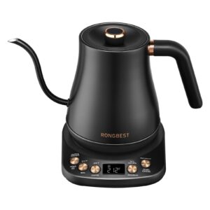 rongbest electric gooseneck kettle, 6 temperature control presets, pour over kettle for coffee & tea, quick heating, stainless steel inner lid & bottom, 1200w 1l, matt black