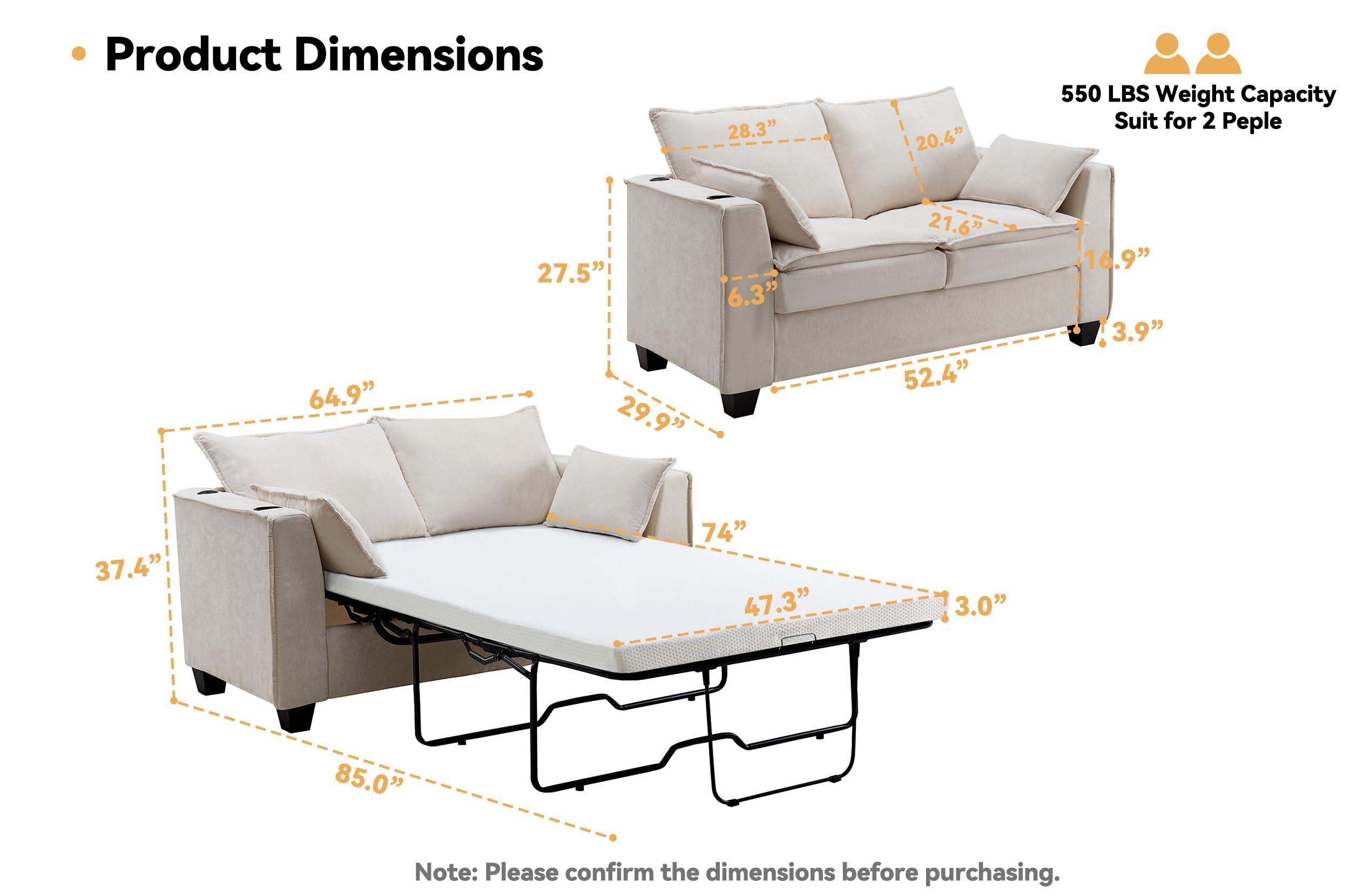 Brelice Pull Out Sofa Bed, Sleeper Sofa Couch, 2-in-1 Convertible Chenille Loveseat with USB Charging Port and Memory Foam Mattress, Full Size Pullout Bed for Living Room, Apartment or Office, Beige