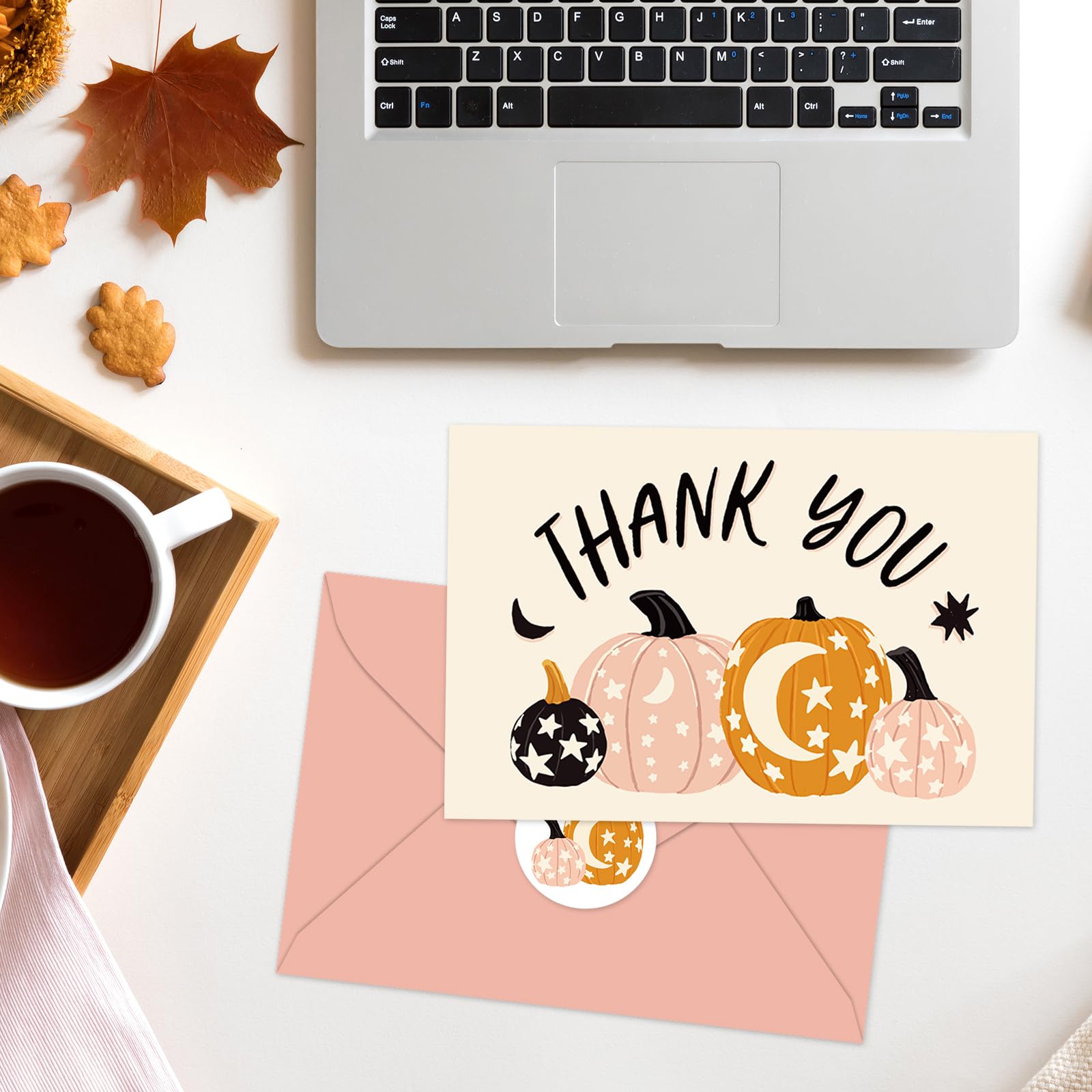 Whaline 24 Pack Fall Thank You Cards Bulk Pink Orange Pumpkin Star Greeting Cards with Envelopes Stickers Blank Note Cards for Autumn Thanksgiving Party, 4 x 6 Inch