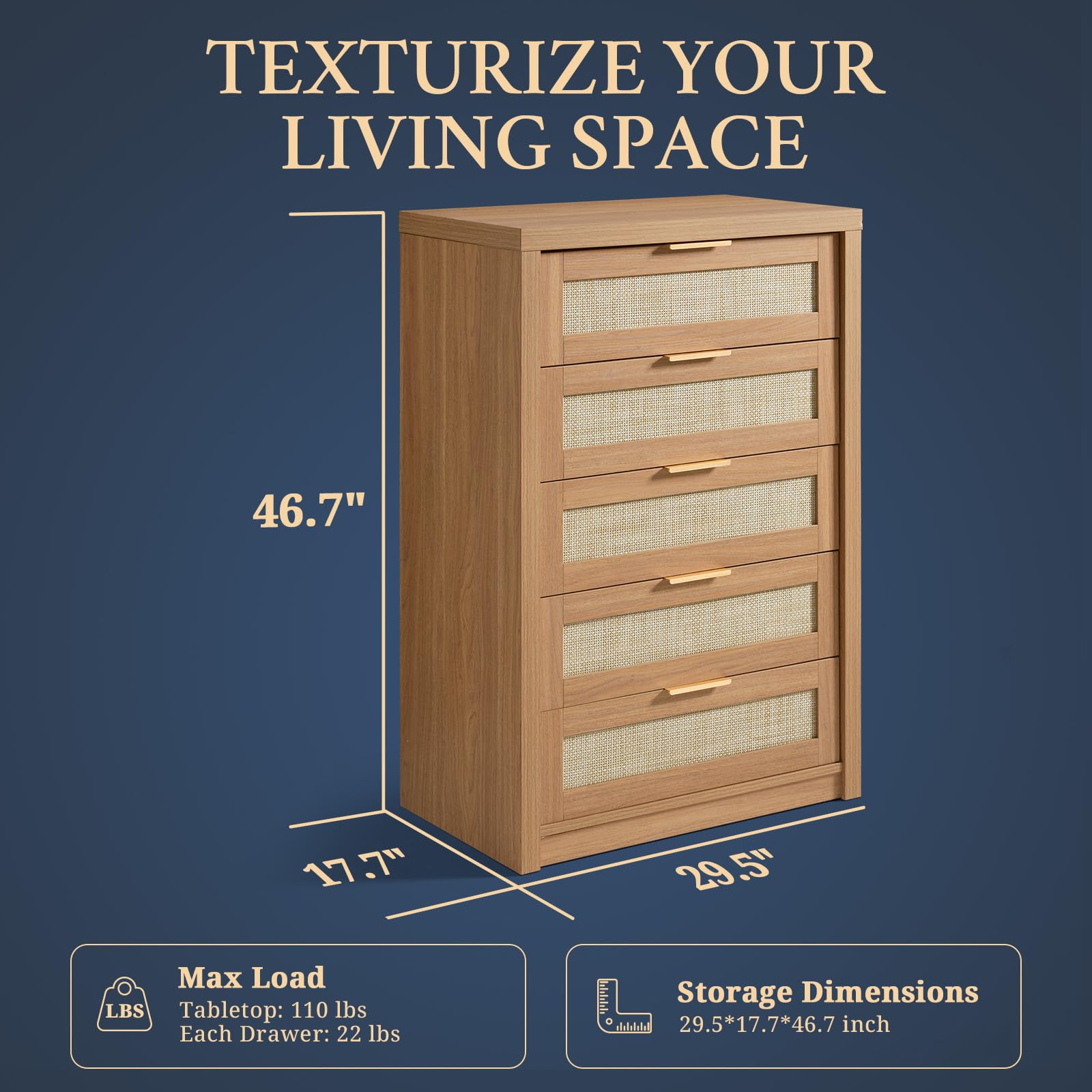 OAKHAM HOME 5 Drawer Dresser, Rattan Dresser for Bedroom with 5 Storage Drawers, Tall Dresser Chest of Drawers for Closet Bedside, Living Room Hallway 17.7" D x 29.5" W x 46.7" H, Weathered Oak