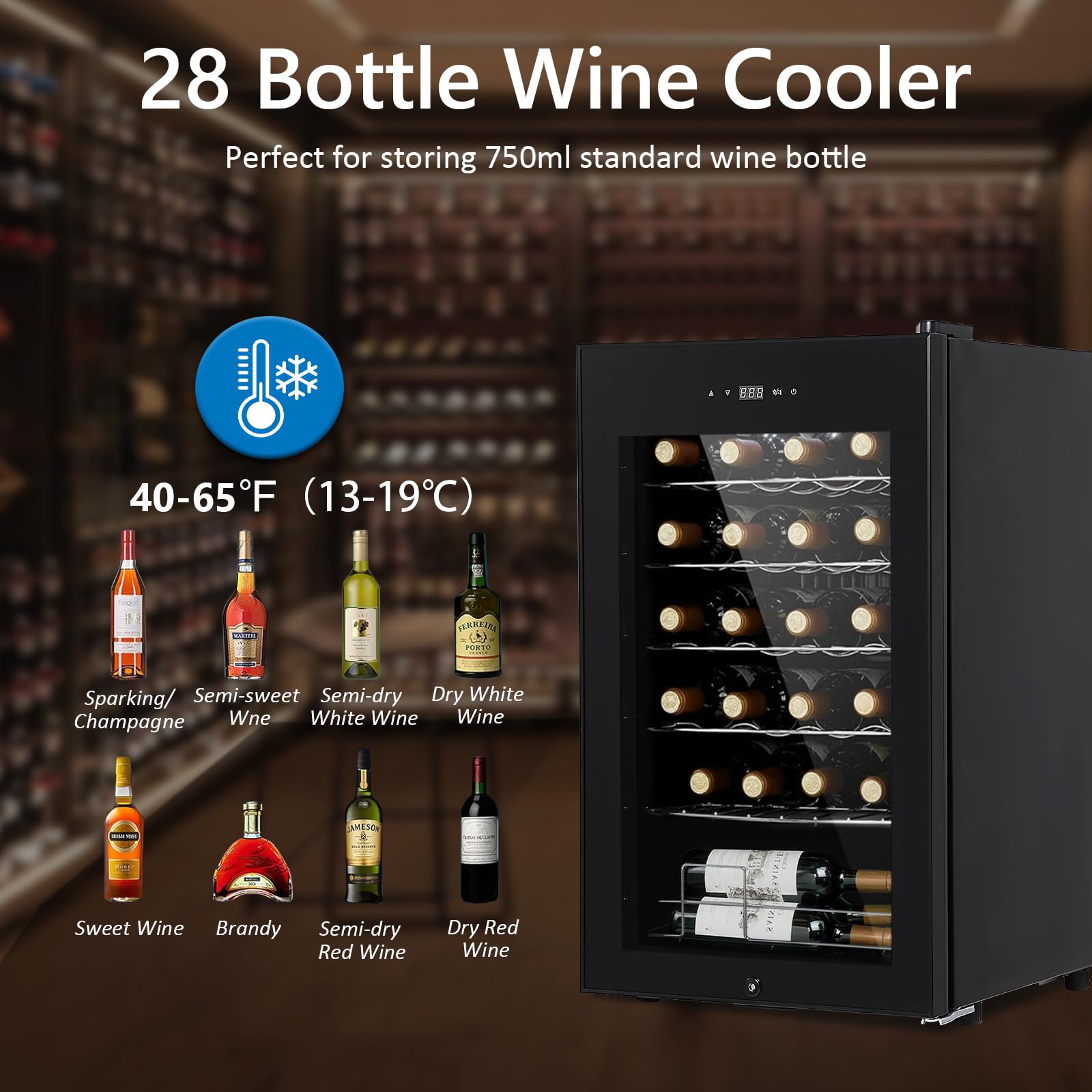 GarveeHome 28 Bottle Compressor Wine Cooler Refrigerator, Wine Fridge Freestanding Wine Cellar for Red Wine, White, Champagne, Sparkling Wine with Digital Temperature Control, Soft LED Light