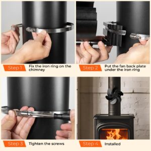 Zgrmbo Wood Stove Fan, 6 Blades Heat Powered Fireplace Fan with Magnetic Thermometer, Upgrade Chimney-Bundled Type Fireplace Fan, Silent Eco Fans for Log Burner Metal Wood Stove Pipe