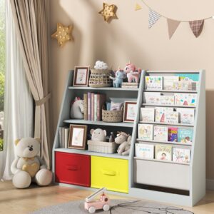 baijiali 4 tier kids wooden bookshelf,5 layer sling children bookcase with 2 drawers,storage book rack,book toy organizer cabinet,for kids room,playroom, kindergarten,nursery (grey)