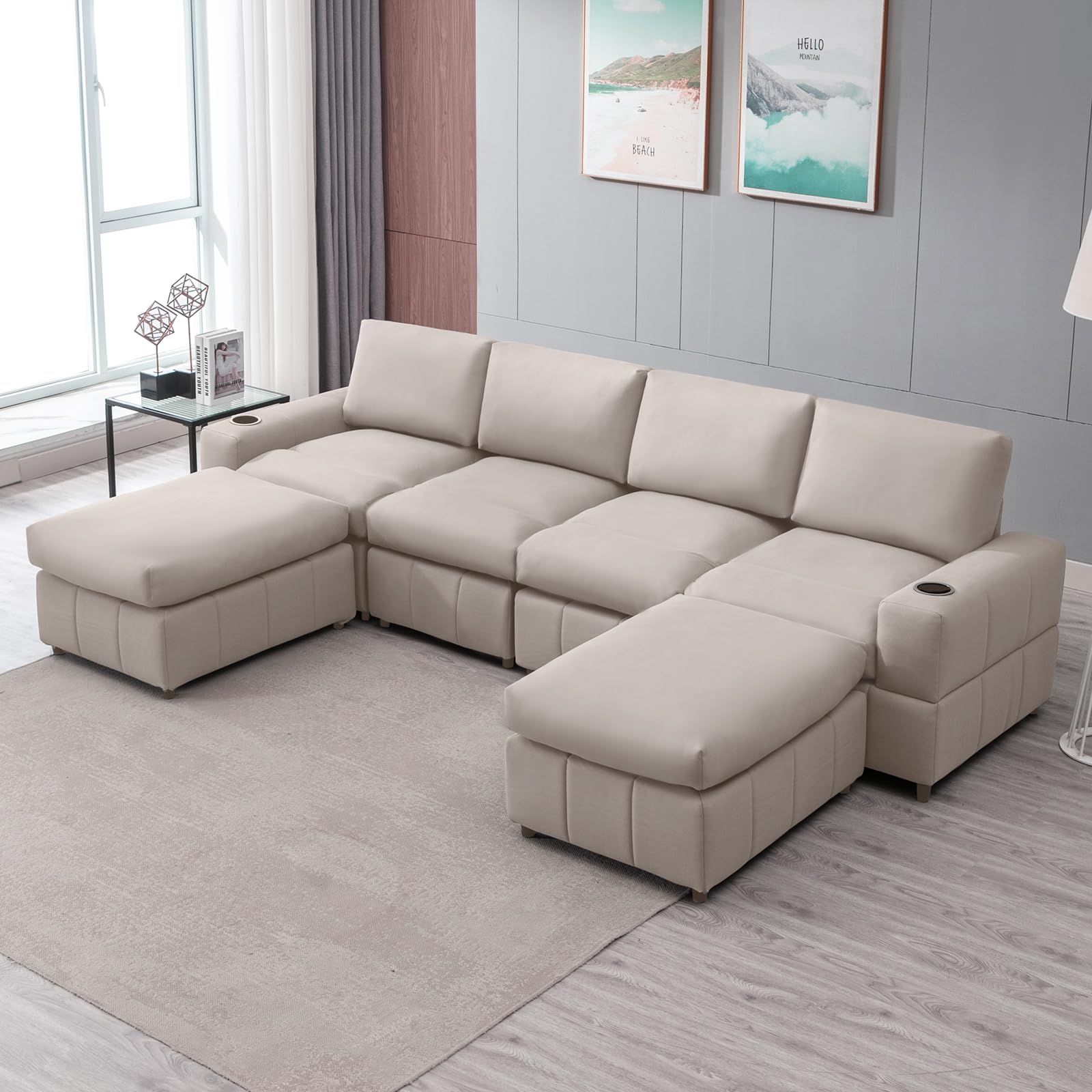 MUZZ Sectional Sofa with 2 Movable Ottomans, Leathaire U Shaped Couches with Cup Holder, 6 Seater Convertible Sectional Couch for Living Room (Beige)