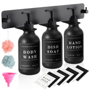 xlhomo shampoo and conditioner dispenser, matte black body wash shower soap dispenser wall mounted 3 chamber with labels bath sponge, drill free 17oz plastic shower bottles refillable for bathroom