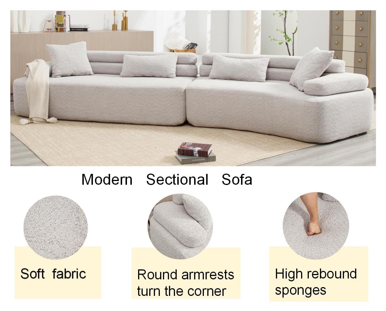 Curved Modular Couch, 139" Sectional Cloud Couch for Living Room, Lounge Furniture Sofa Set, Reception Room Furniture, Convertible Upholstered Couches, No Assembly Required-Light Gray