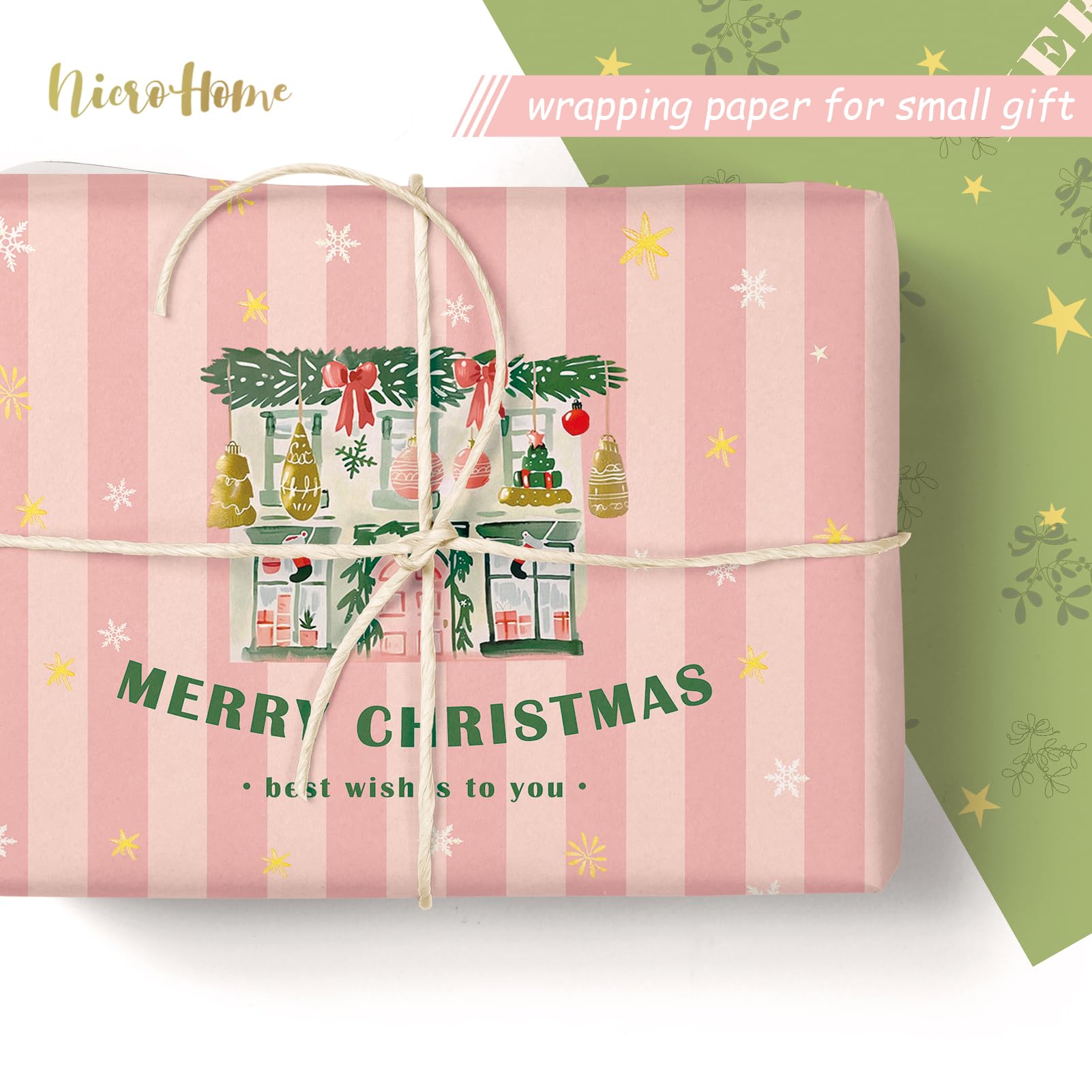 NICROHOME EUR 24 Sheets Christmas Tissue Paper, Sage Green Pink Tissue Wrapping Paper with Christmas Tree House Snowman Socks Pattern, Small Gifts Wrapping Paper for Xmas Crafts Gifts (15 X 20 Inch)