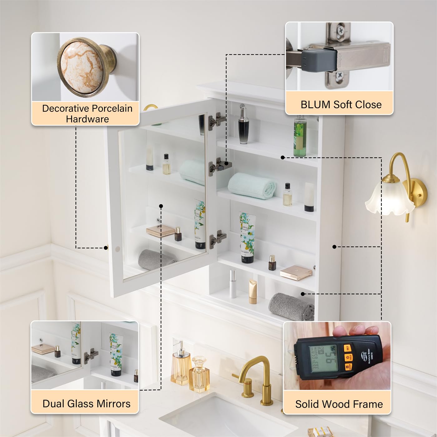 WELLFOR 24"x 34" Wall Mounted Wood Medicine Cabinet with Mirrors for Bathroom, Rubber Wooden Mirror Cabinet with 3-Tier Shelves and External Storage