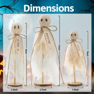 3Pcs Halloween Ghost Standing Table Decor, Fabric Ghost Sign for Table, Primitive Halloween Ghosts Shelf Sitters on Wooden Stand for Table Centerpieces, Shelves, and Mantels - Spooky Decor (White)