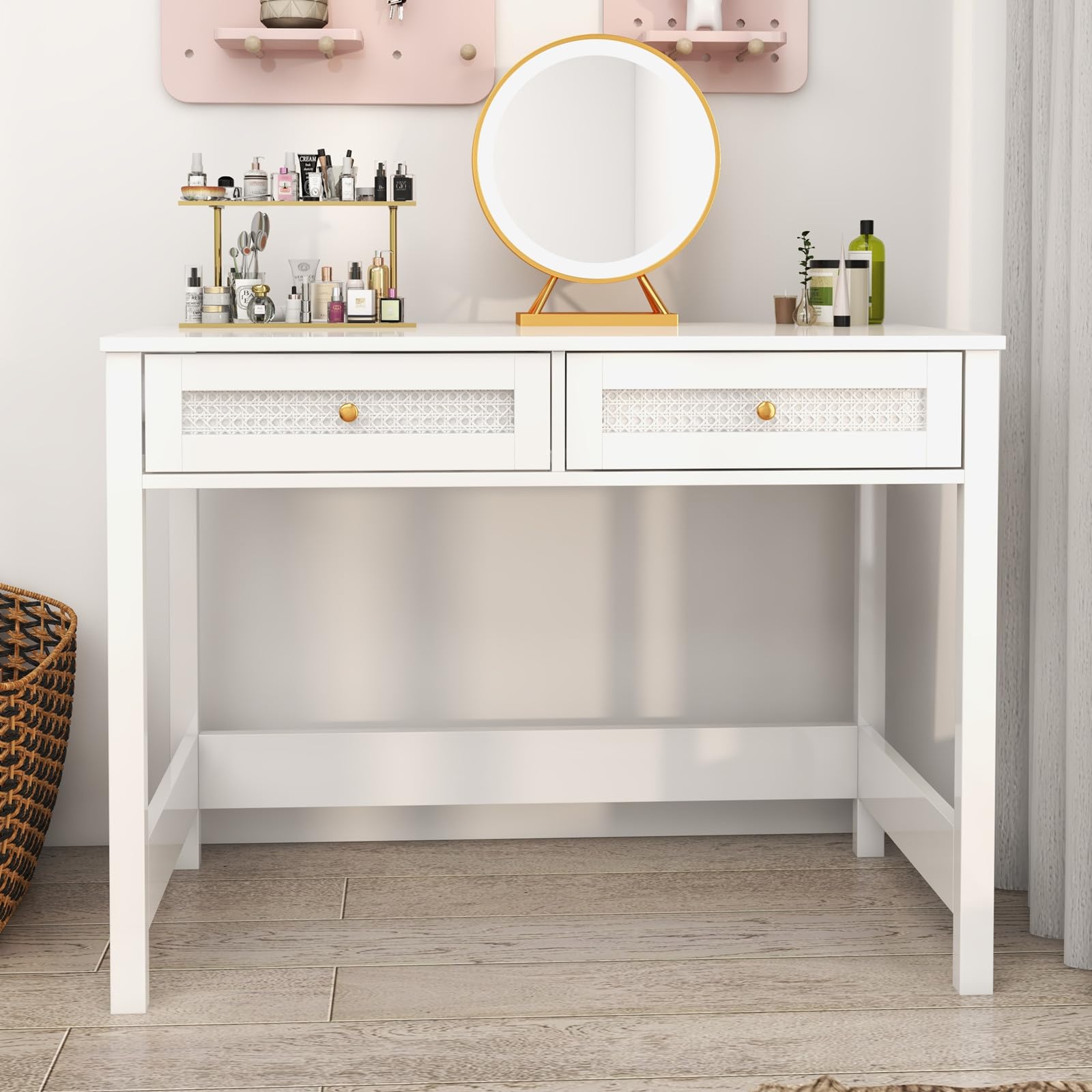 Vikiullf White Desk with Drawers - 39 in Small Modern Study Writing Table Makeup Vanity Desk for Small Spaces Home Office Desk with 2 Rattan Drawers