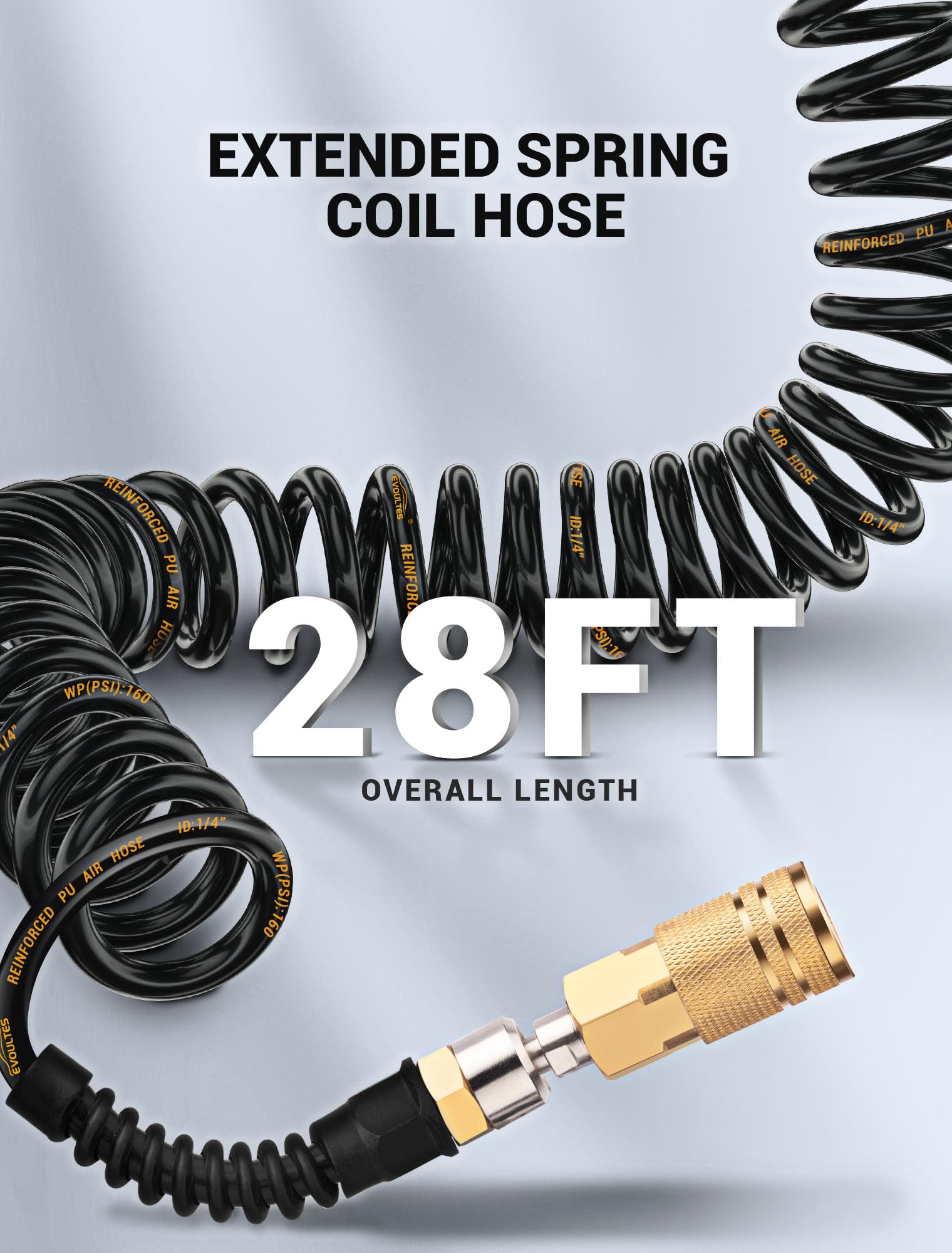 EVOULTES 1/4 In x 28 Ft Polyurethane Recoil Air Hose, Upgraded Air Compressor Hose with Repairable Bend Restrictor, Air Hose kit w/ 360° Swivel 1/4" NPT Coupler & Brass Quick Connect Air Fittings