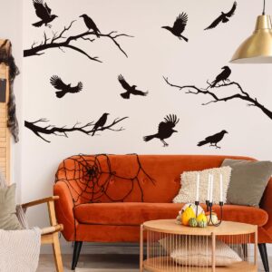 Raven Wall Stickers，Black Crows Wall Decals，Winter Branches Wall Decals，Halloween Tree Branch Wall Decals，Peel and Stick Bird Wall Decals，Removable Vinyl Halloween Wall Stickers.