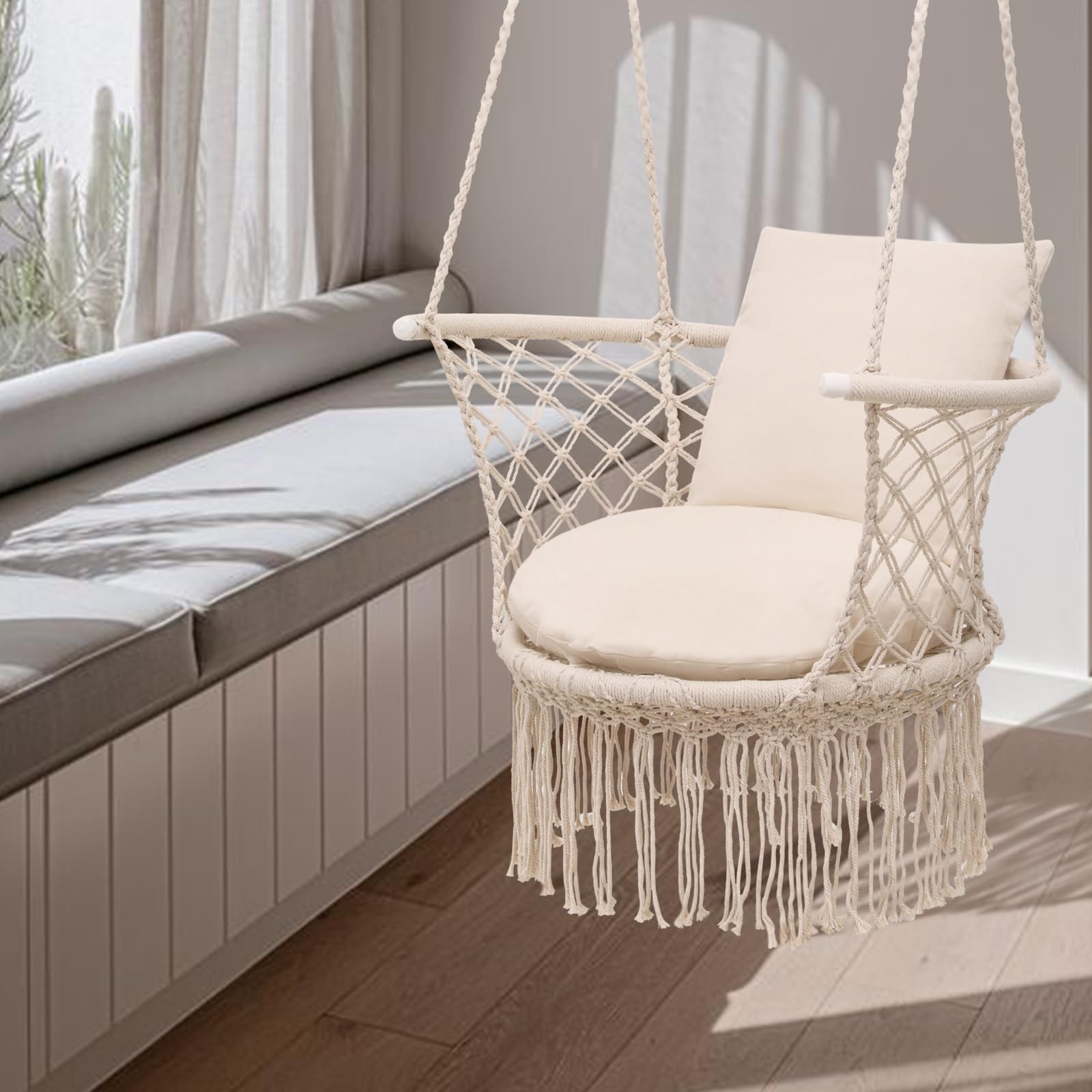 SFIHOME Boho Style Macrame Hanging Swing Chair for Adults, Hammock Swing Chair for Indoor and Outdoor Use, Max 350 Lbs, Beige, SFA75-HC001WHWH