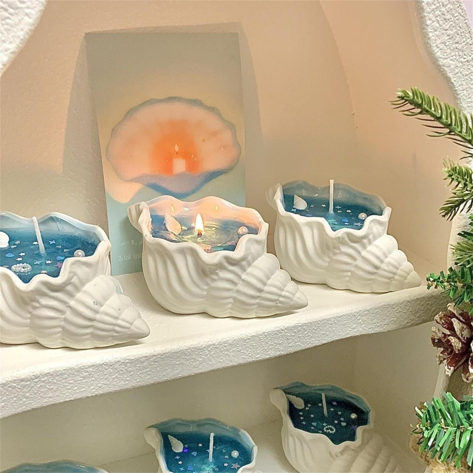 Generic Unique Aquamarine Beach Candle Starry Sky Pearl Scented Candle Wax Handmade Firelight Conch Seashell Shape Design Creative Gift Room Decor Candles