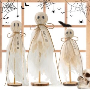 3pcs halloween ghost standing table decor, fabric ghost sign for table, primitive halloween ghosts shelf sitters on wooden stand for table centerpieces, shelves, and mantels - spooky decor (white)