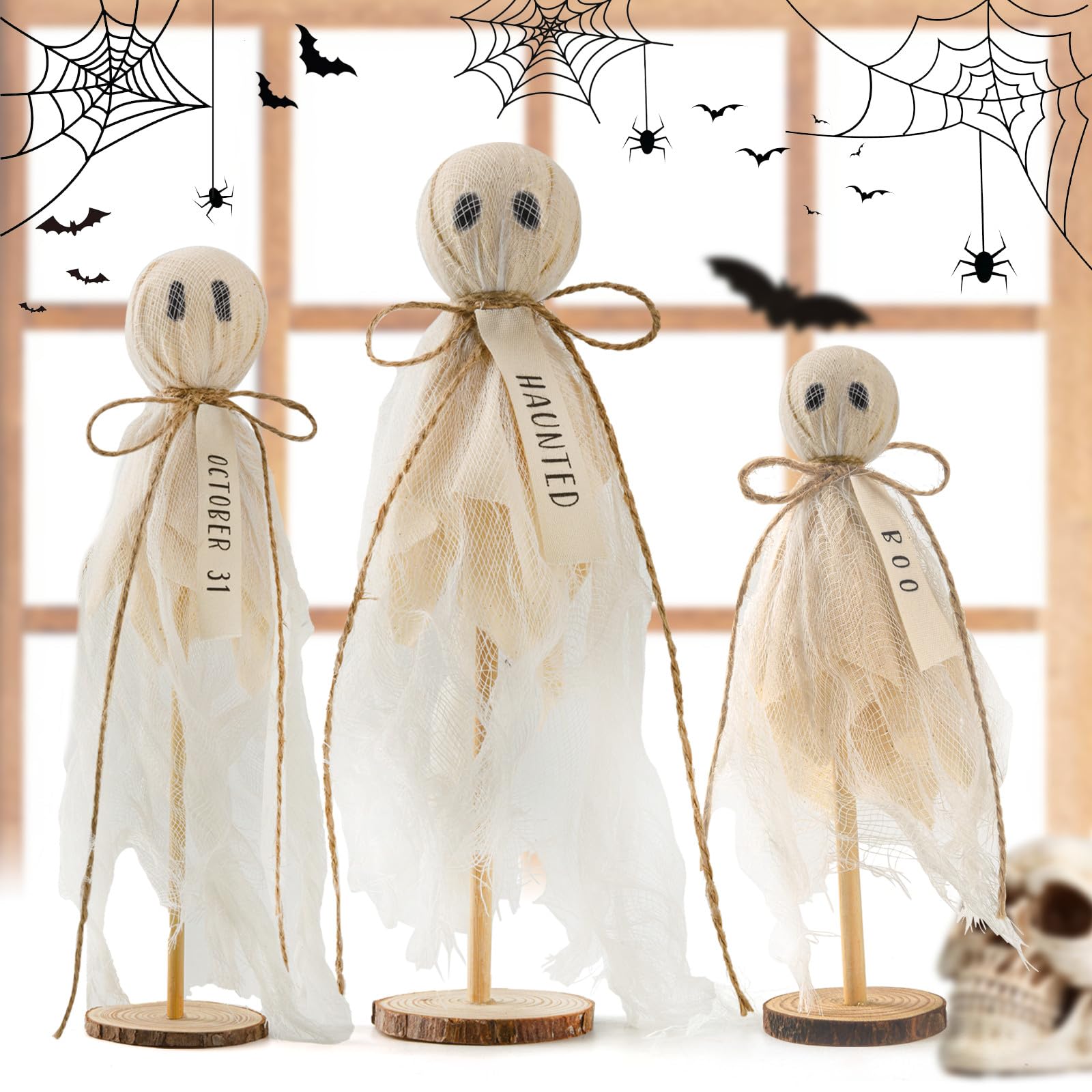 3Pcs Halloween Ghost Standing Table Decor, Fabric Ghost Sign for Table, Primitive Halloween Ghosts Shelf Sitters on Wooden Stand for Table Centerpieces, Shelves, and Mantels - Spooky Decor (White)