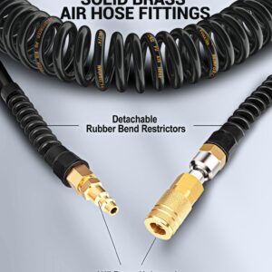 EVOULTES 1/4 In x 28 Ft Polyurethane Recoil Air Hose, Upgraded Air Compressor Hose with Repairable Bend Restrictor, Air Hose kit w/ 360° Swivel 1/4" NPT Coupler & Brass Quick Connect Air Fittings