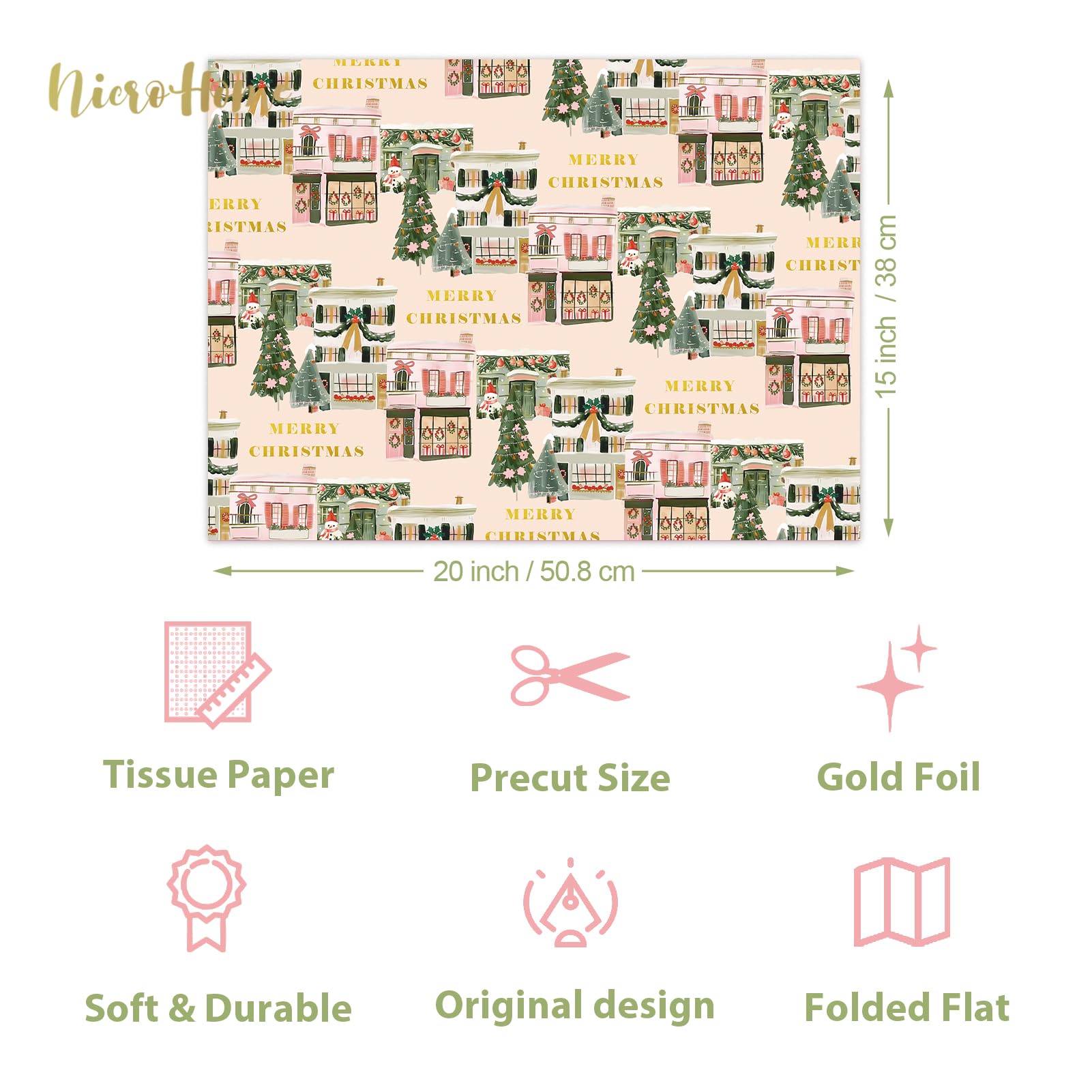 NICROHOME EUR 24 Sheets Christmas Tissue Paper, Sage Green Pink Tissue Wrapping Paper with Christmas Tree House Snowman Socks Pattern, Small Gifts Wrapping Paper for Xmas Crafts Gifts (15 X 20 Inch)