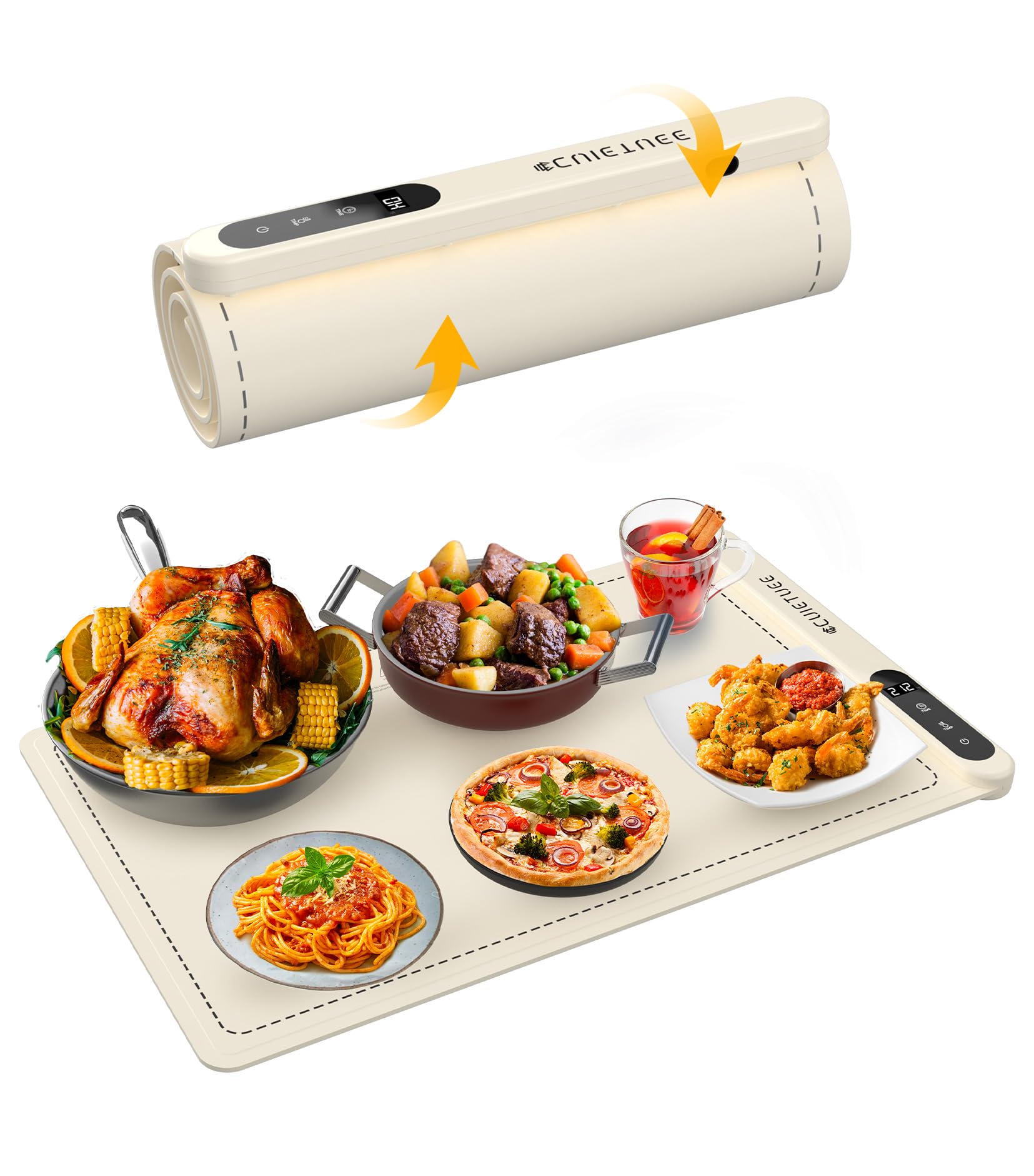 CuieTuee Electric Warming Tray 500W Upgraded Graphene Heat-Conducting Material, Rollable and Portable Food Warming Mat 6 Temperature Settings for Gatherings Parties Home Buffets Daily Use, Beige