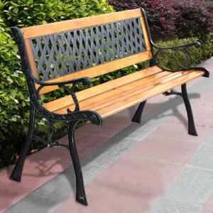 50'' outdoor cast iron patio bench, outdoor furniture hardwood frame porch loveseat, porch path chair, weather proof, for 2 person outside bench