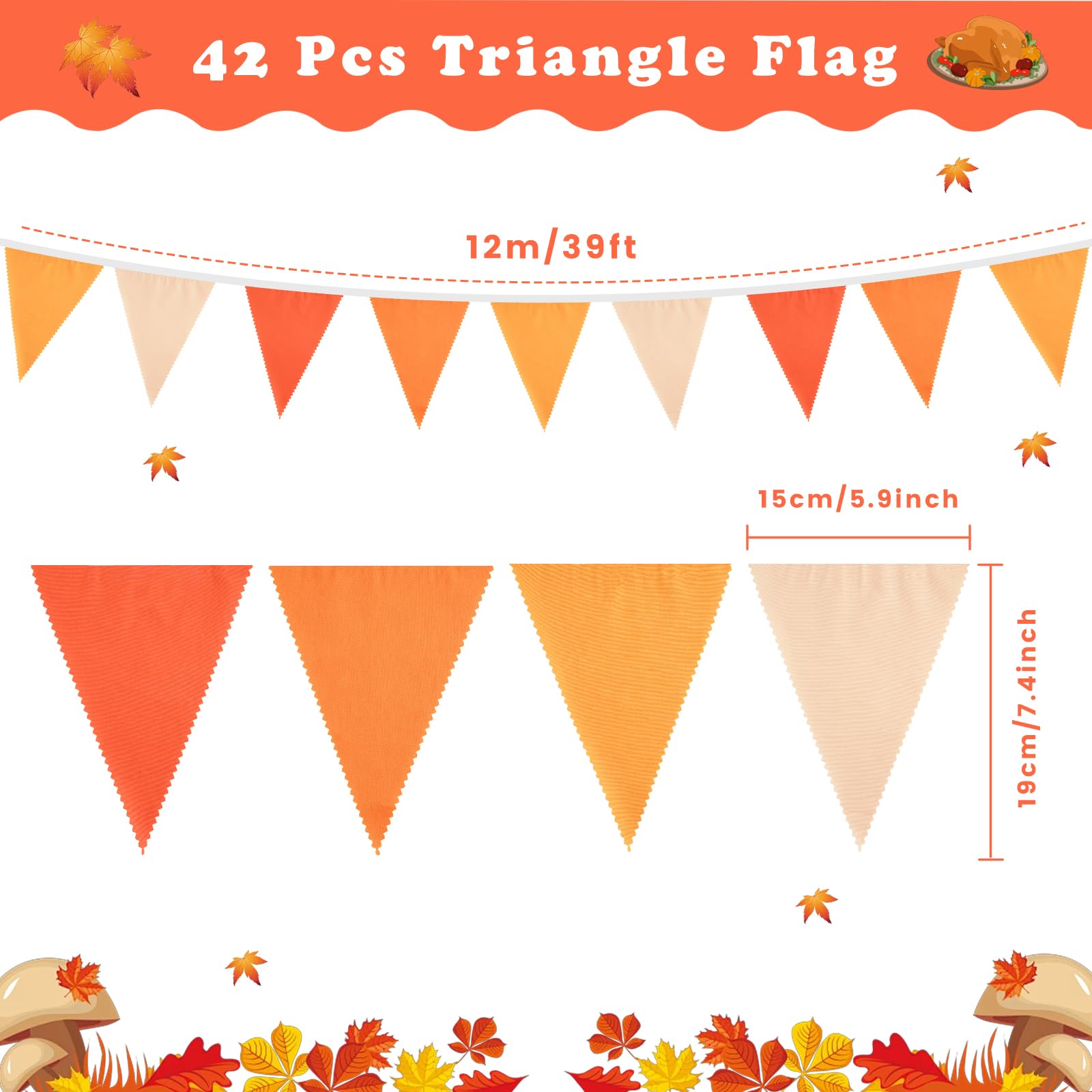 jijAcraft 39Ft Fall Banner Decorations Triangle Fabric Pennant Flag, 42 Pcs Fall Decor Thanksgiving Day Harvest Autumn Party Home Outdoor Garden Hanging Wedding Birthday Decoration (Orange)