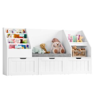 FOTOSOK 55.1’’ Kids Bookshelf with Reading Nook, Toy Storage Organizer with Seat Cushion and 3 Movable Drawers, Kids Reading Nook Toy Organizers and Storage with Bench for Playroom, Bedroom, White