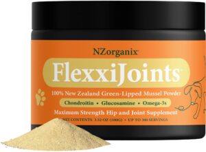 kiwiorganix nzorganix flexxijoints 100% new zealand green-lipped mussel powder, hip & joint support formula for dogs & cats, with glucosamine, chondroitin 100g (300 servings)