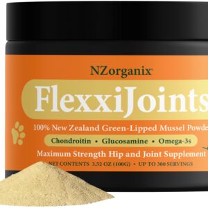 KiwiOrganix NZorganix FlexxiJoints 100% New Zealand Green-Lipped Mussel Powder, Hip & Joint Support Formula for Dogs & Cats, with Glucosamine, Chondroitin 100g (300 Servings)