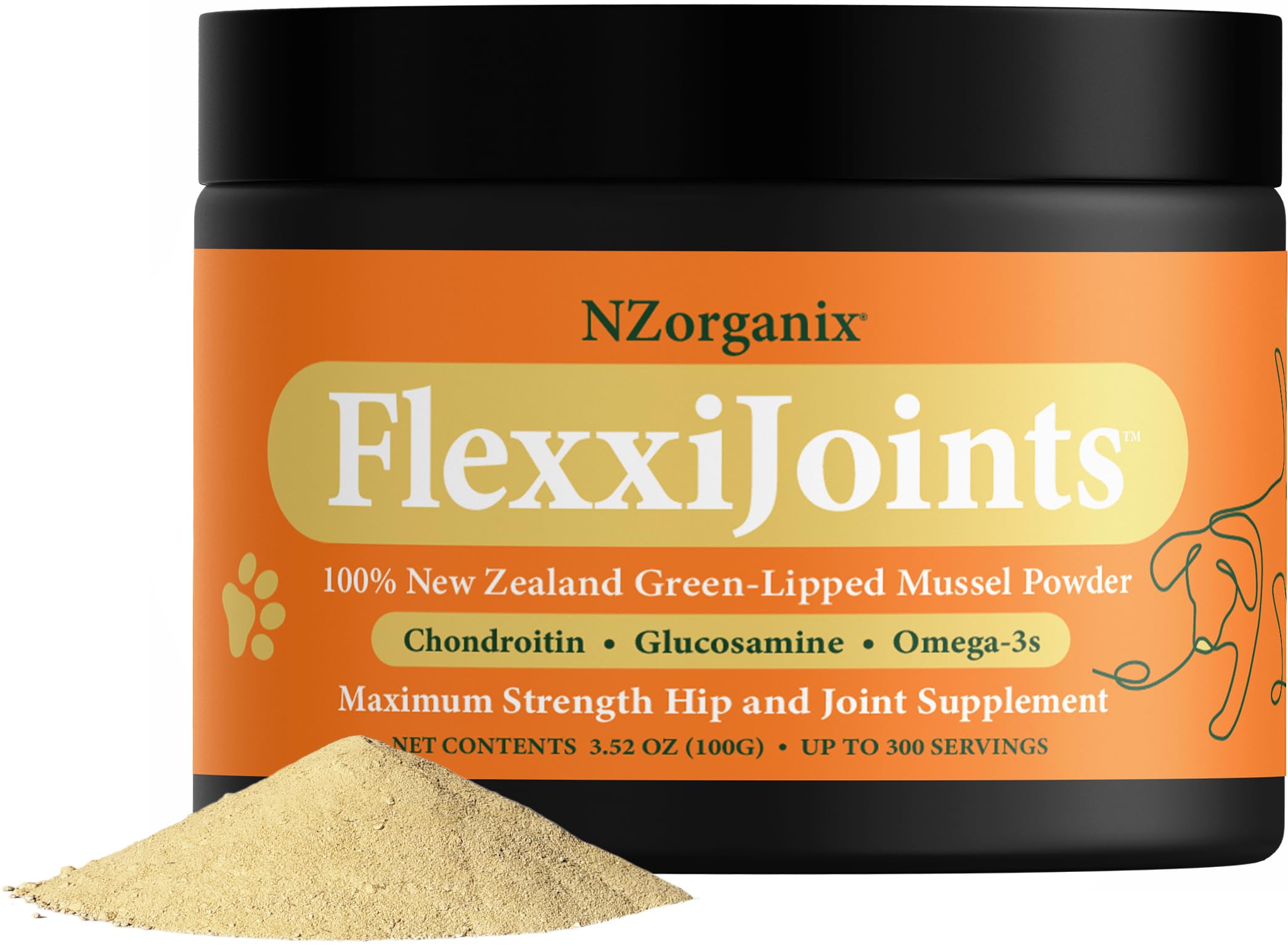 KiwiOrganix NZorganix FlexxiJoints 100% New Zealand Green-Lipped Mussel Powder, Hip & Joint Support Formula for Dogs & Cats, with Glucosamine, Chondroitin 100g (300 Servings)