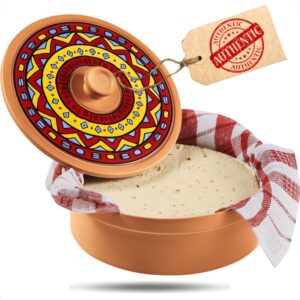 mexican terracotta tortilla warmer thanksgiving, authentic terra cotta tortilla holder w warmer cloth, natural clay heater & tortillero - hold 8 inch flour tortillas, warmer for roti bread pancakes