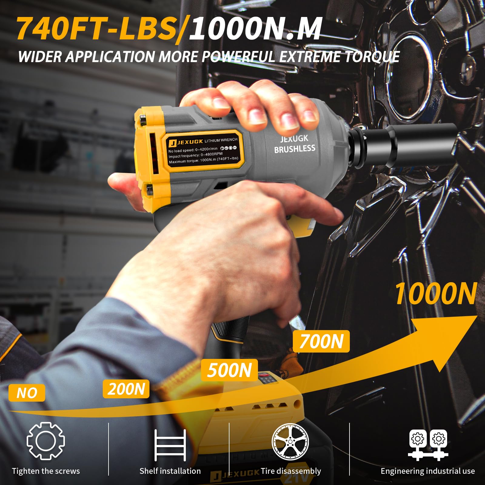 JEXUGK 1000N.m 1/2" Cordless Impact Gun, 740ft-lbs 21V Brushless High Torque Wrench with 2 x 4.0Ah Battery, 5 x Sockets & Fast Charger, Power Impact Driver for Truck Car Home Mower