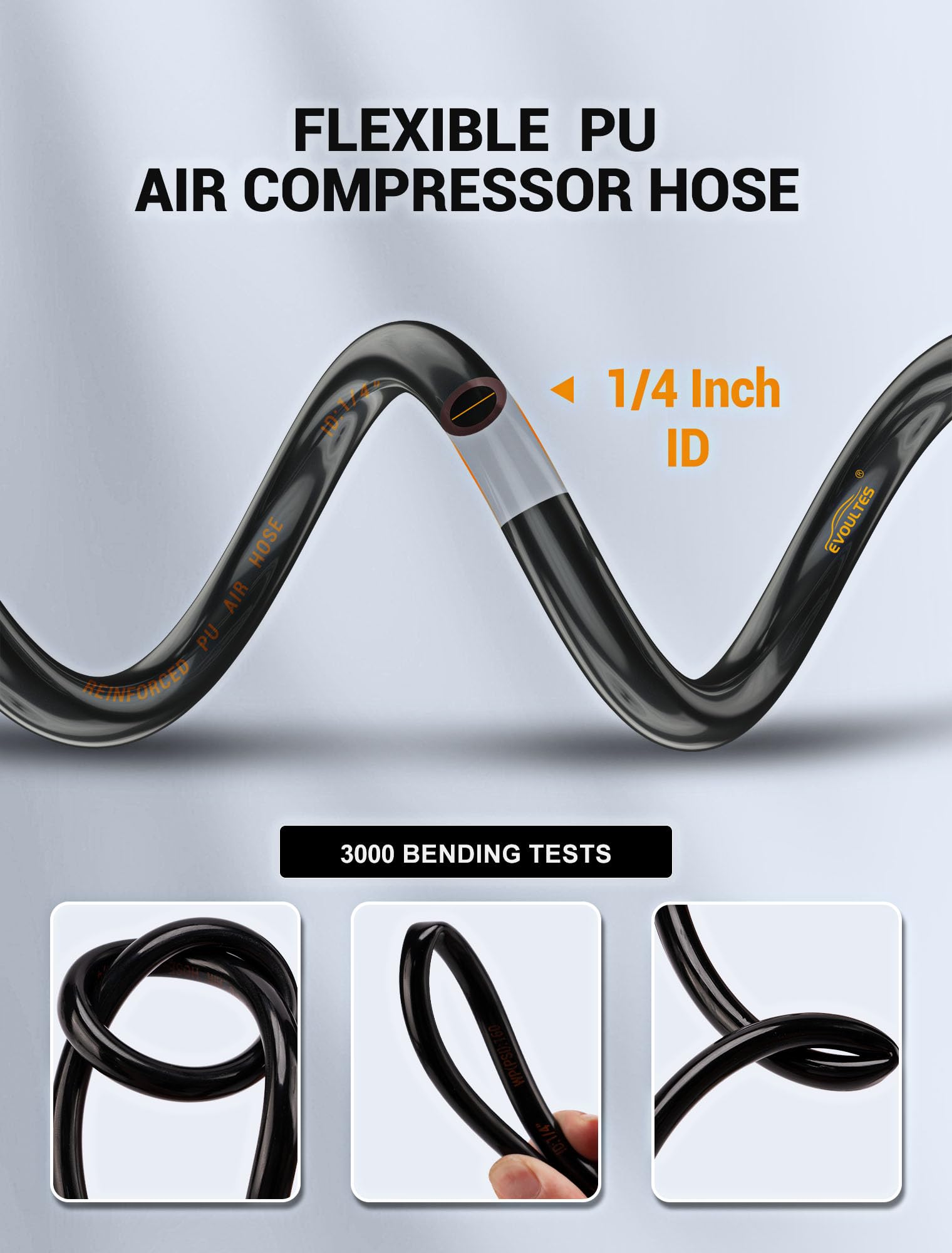 EVOULTES 1/4 In x 28 Ft Polyurethane Recoil Air Hose, Upgraded Air Compressor Hose with Repairable Bend Restrictor, Air Hose kit w/ 360° Swivel 1/4" NPT Coupler & Brass Quick Connect Air Fittings