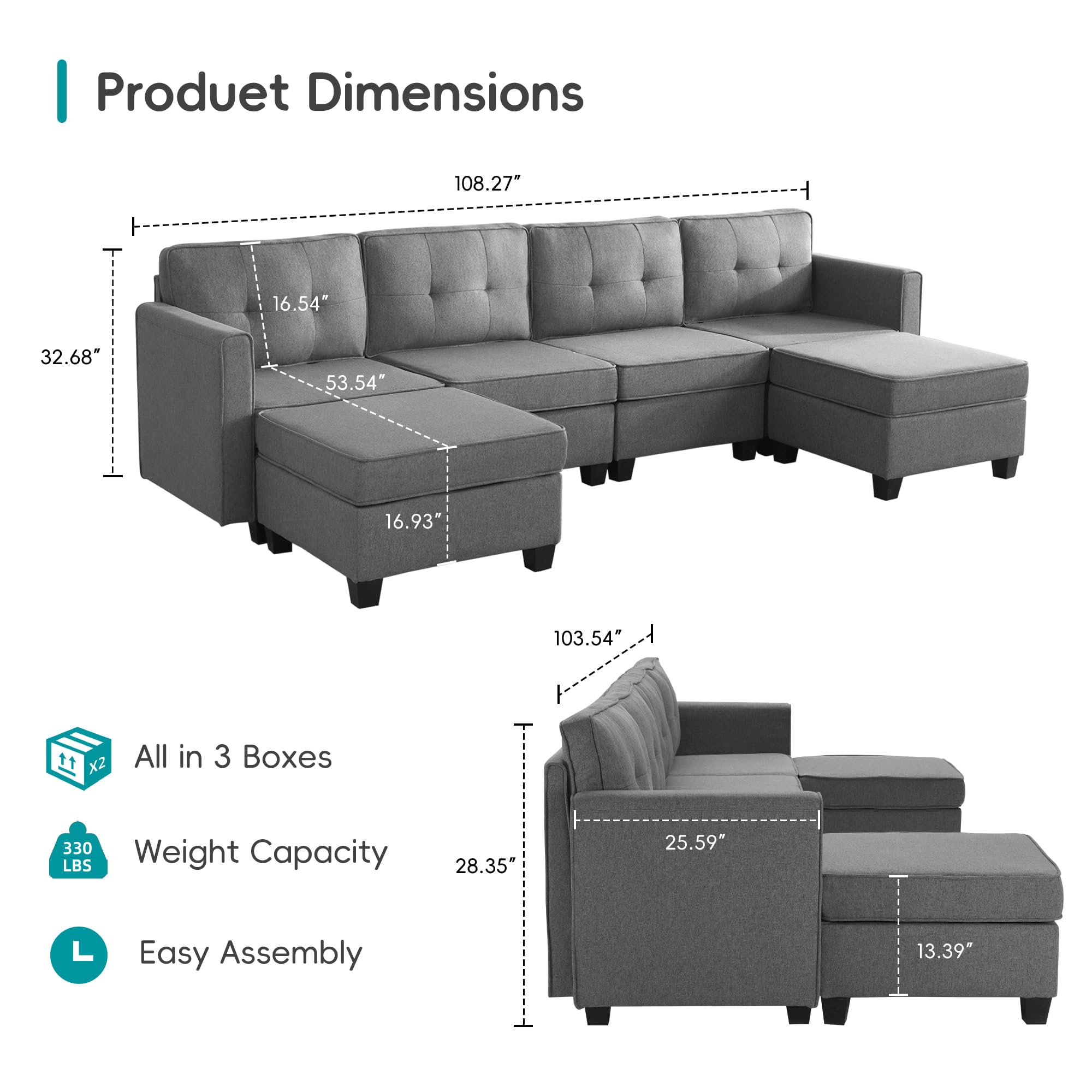 Tbfit Modular Sectional Couch Sofa, Convertible U Shaped Couch with Storage Ottomans, 6 Seat Modular Sectionals Sofa Couches for Living Room, Dark Grey