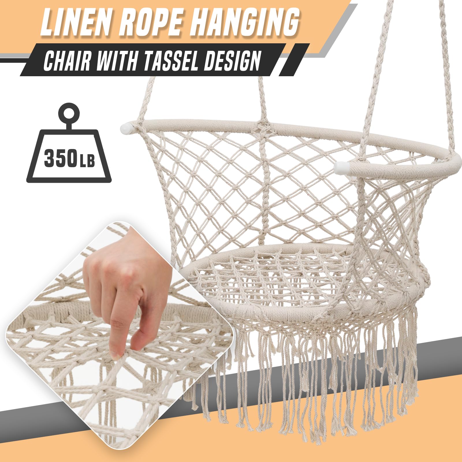 SFIHOME Boho Style Macrame Hanging Swing Chair for Adults, Hammock Swing Chair for Indoor and Outdoor Use, Max 350 Lbs, Beige, SFA75-HC001WHWH