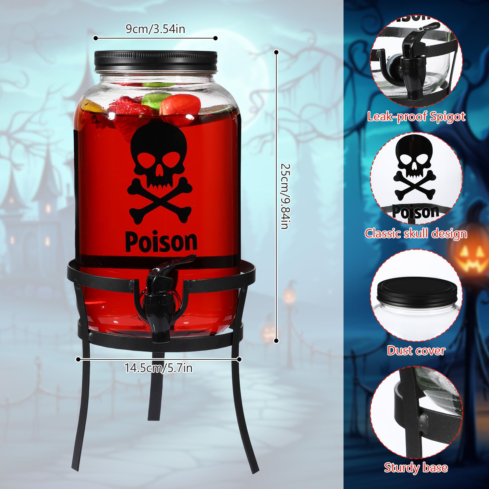 FillTouch 1 Gallon Glass Beverage Dispenser with Metal Stand Stainless Steel Spigot Outdoor Drink Dispenser Glass Drink Container Dispensers for Parties Lemonade Tea Cold Water(Black,Halloween)