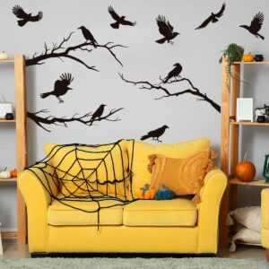 Raven Wall Stickers，Black Crows Wall Decals，Winter Branches Wall Decals，Halloween Tree Branch Wall Decals，Peel and Stick Bird Wall Decals，Removable Vinyl Halloween Wall Stickers.