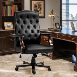 ecotouge vintage high back executive office chair - retro faux leather wingback swivel chair with tufted design, wood legs, adjustable and comfortable for home office or conference room black