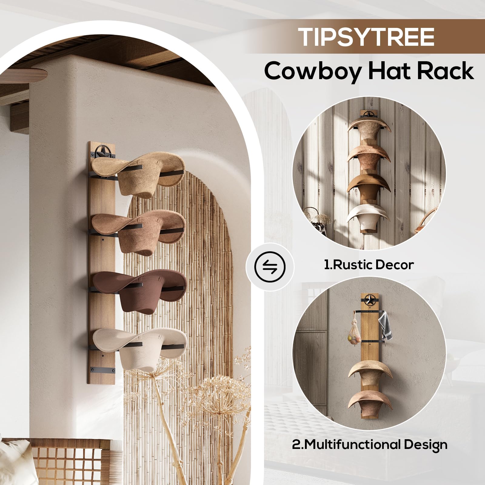 TIPSYTREE Cowboy Hat Rack, 4 Pieces Cowboy Hat Holder with Rustic Wooden Board for wall, Metal, Wall Hat Storage Organizer for Hat Collection Western Room Décor