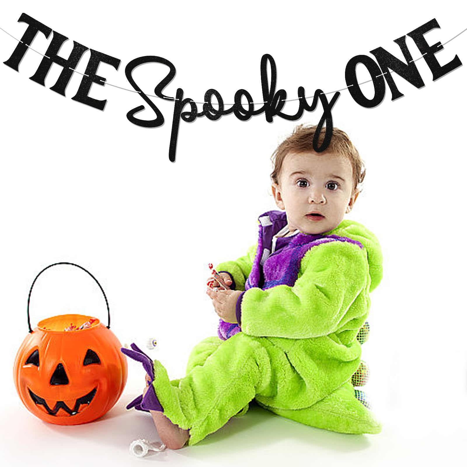 The Spooky One Banner - Halloween First Birthday Sign, Cute Ghost Spooky Baby Shower/Gender Reveal/1st Birthday Party Decorations Black Glitter