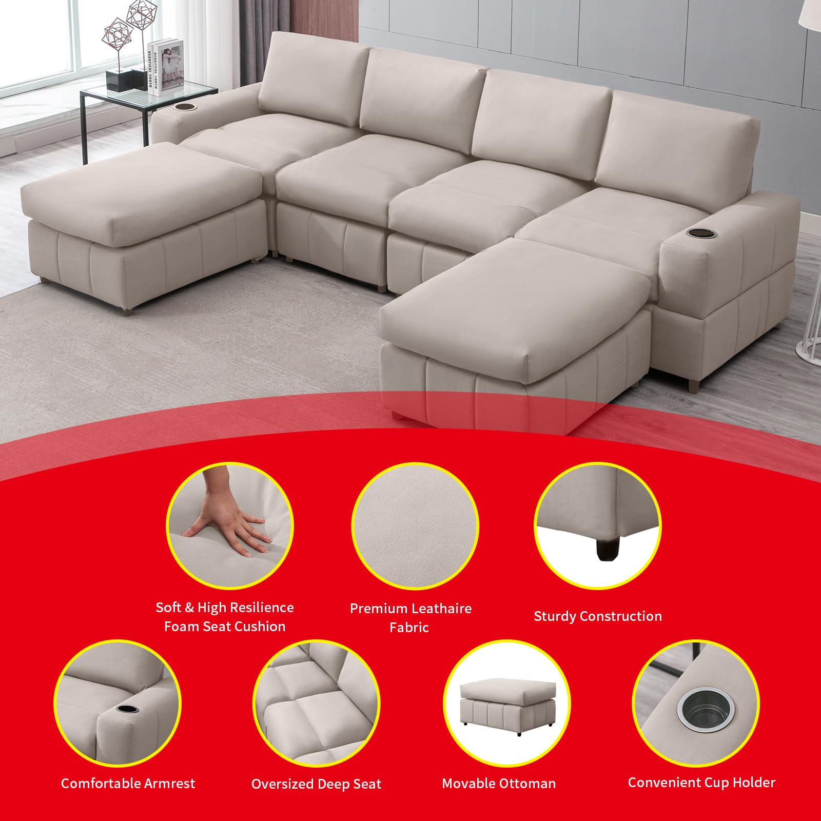 MUZZ Sectional Sofa with 2 Movable Ottomans, Leathaire U Shaped Couches with Cup Holder, 6 Seater Convertible Sectional Couch for Living Room (Beige)